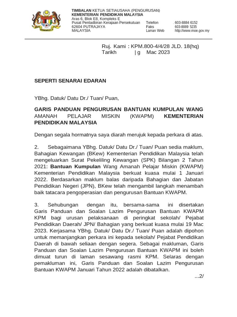 Garis Panduan Pengurusan Bantuan Kumpulan Wang Amanah Pelajar Miskin (KWAPM) KPM | PDF