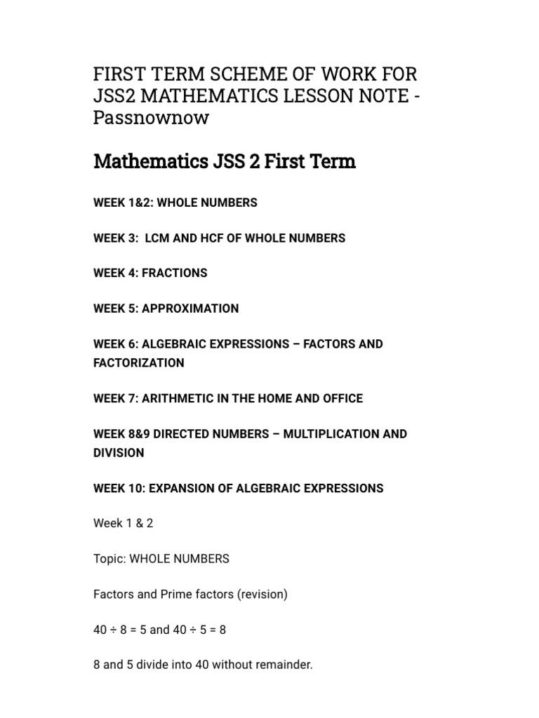 First Term Scheme of Work For Jss2 Mathematics Lesson Note - Pas | PDF ...