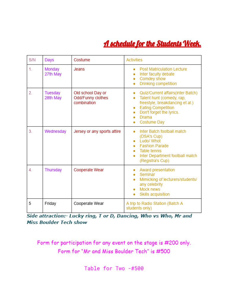 Students' Week Schedule Revised | PDF