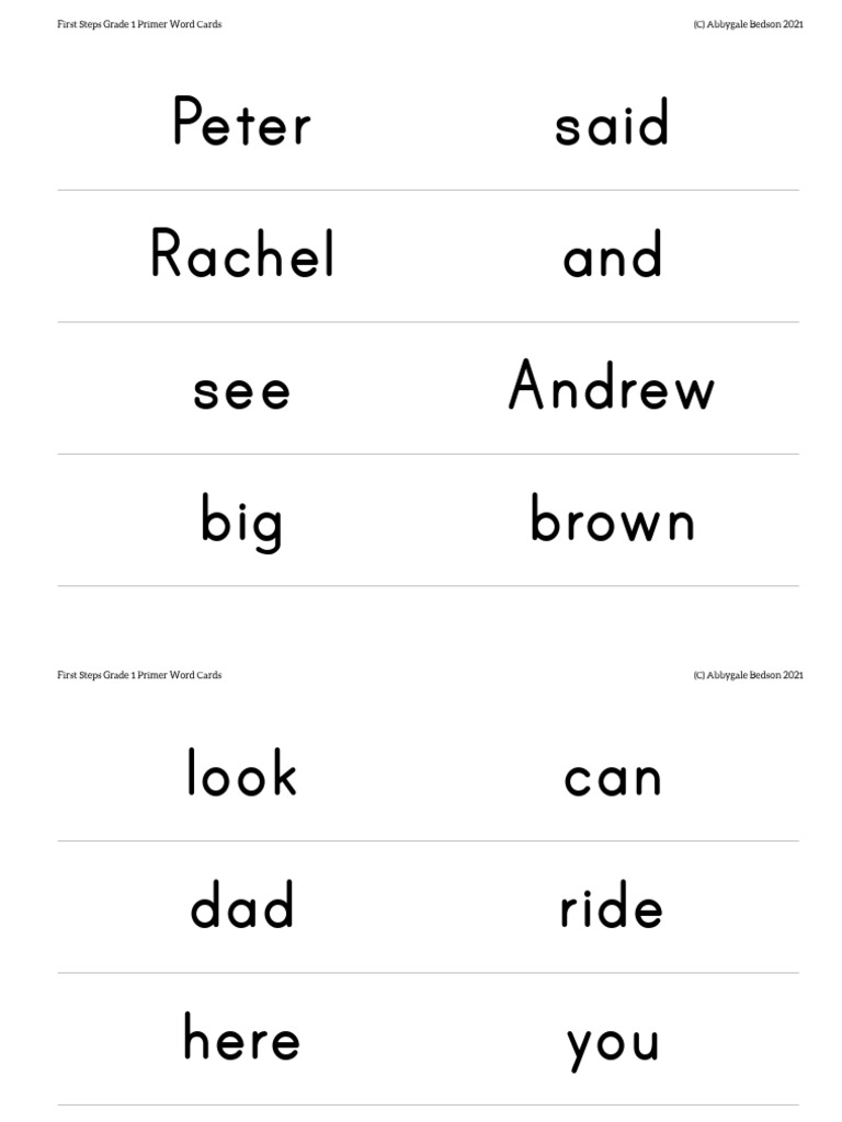 Grade 1 Primer Word Cards List | PDF
