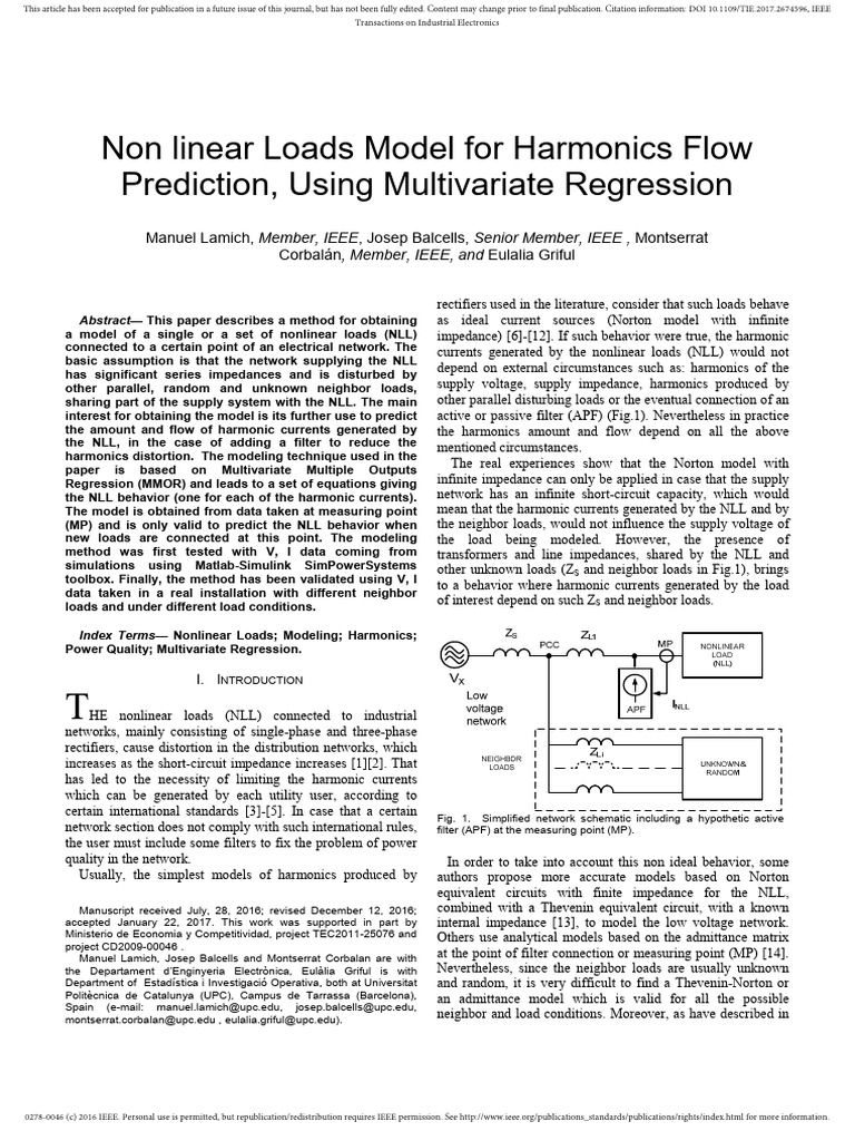 Non Linear Loads Model For Harmonics Flow Prediction, Using Multivariate Regression | PDF ...