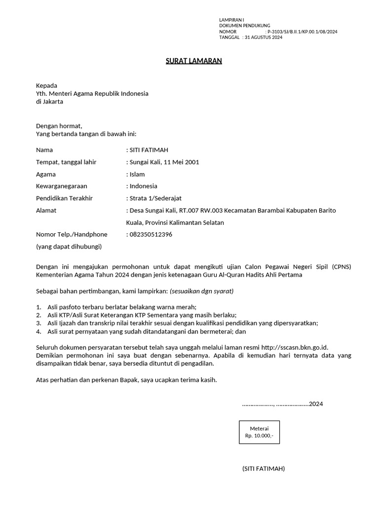 Surat Lamaran Dan Pernyataan Cpns Kemenag 2024 | PDF