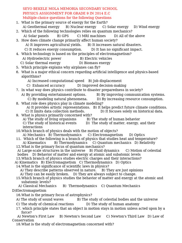 Grade 9 Physics Assignment Questions | PDF | Physics | Mechanics