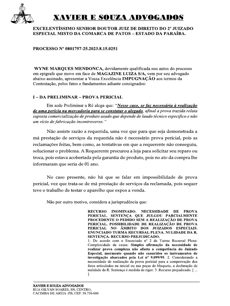 Modelo Impugnação Magazine Luiza Magda | PDF