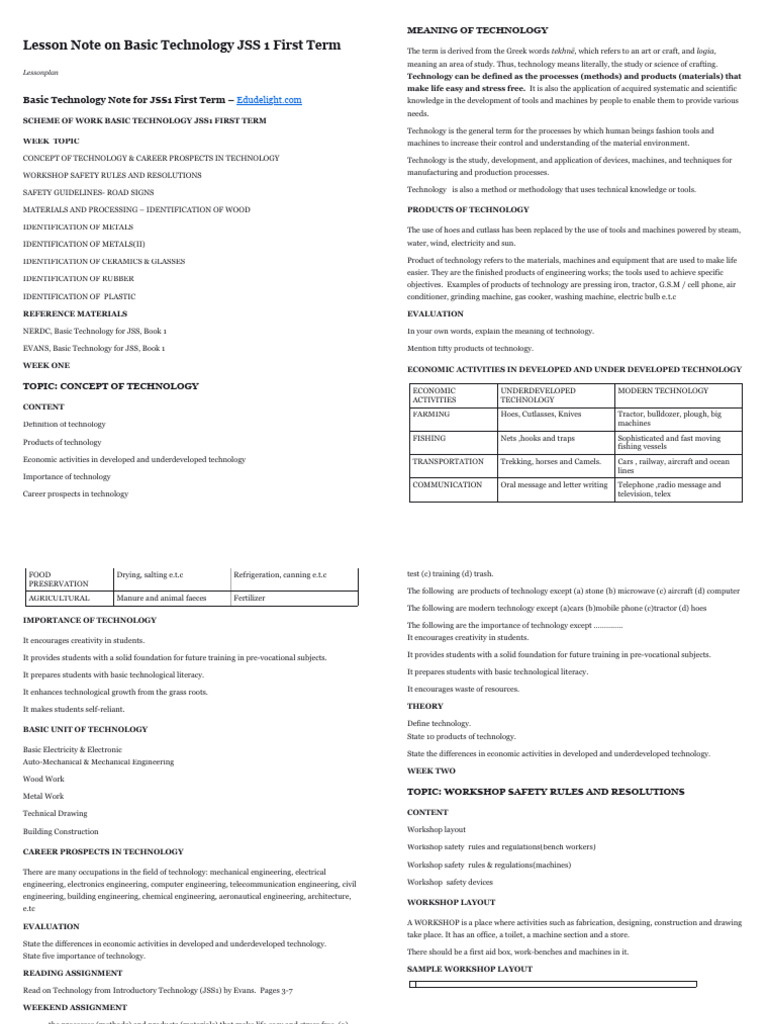 Lesson Note On Basic Technology JSS 1 First Term | PDF | Metals | Glasses