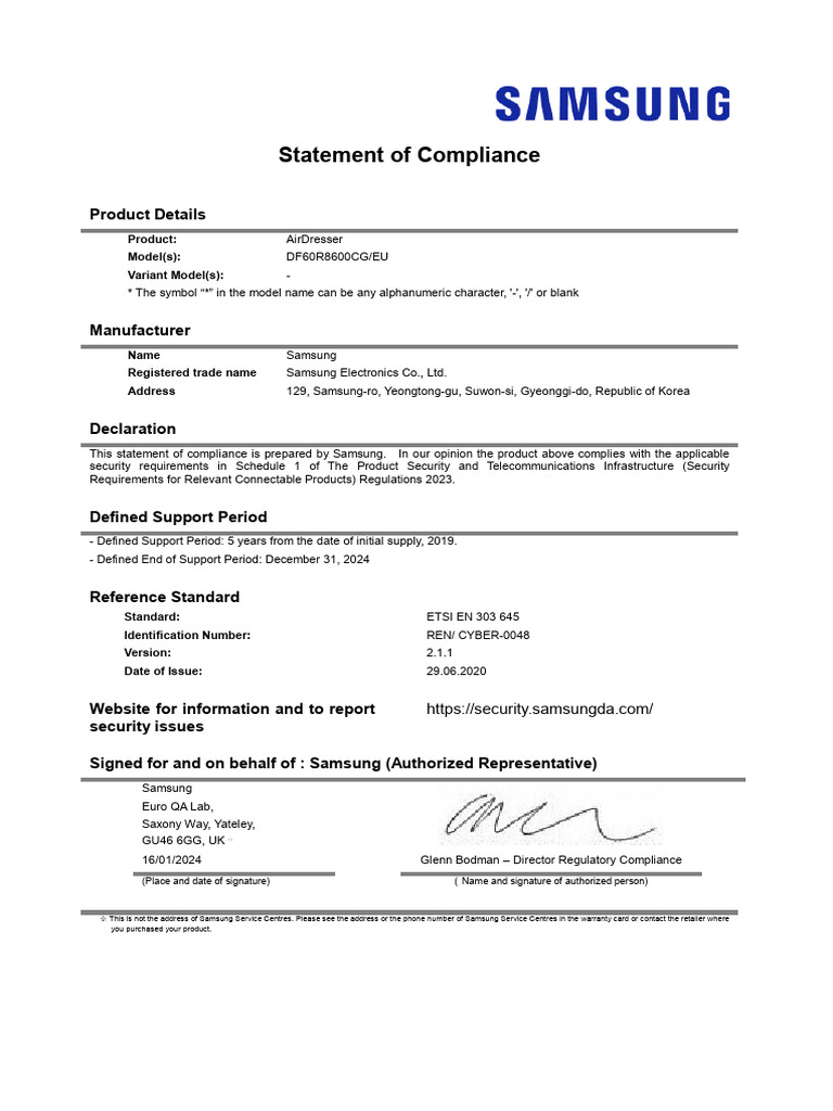 PSTI SOC Airdressor 2019 240118 | PDF | Samsung | Regulatory Compliance