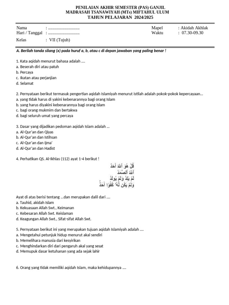 Soal Akidah Akhlak 7 | PDF