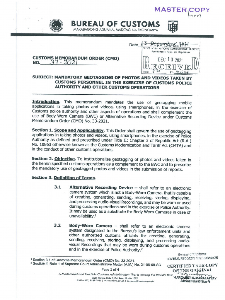 Cmo 37 2021 Mandatory Geotagging of Photos and Videos Taken by Customs Personnel in The Exercise ...
