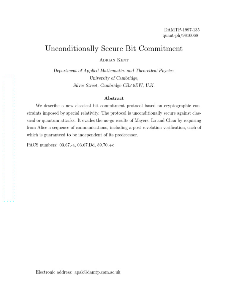 Unconditionally Secure Bit Commitment | PDF | Theoretical Physics | Applied Mathematics
