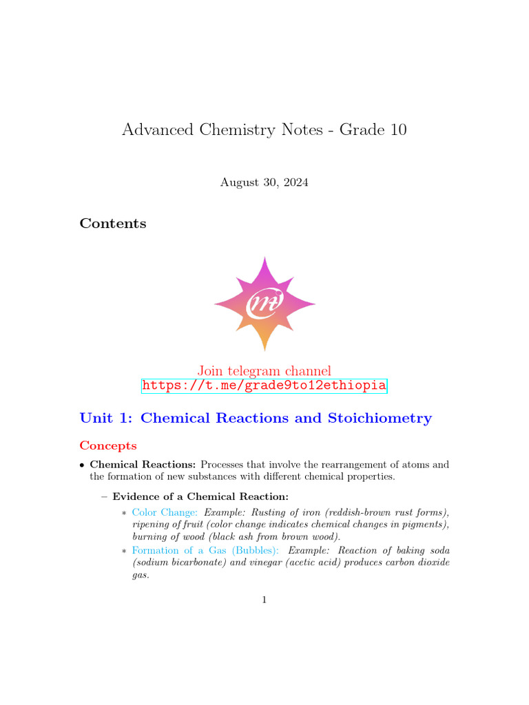 Grade 10 Advanced Chemistry Guide | PDF | Stoichiometry | Redox