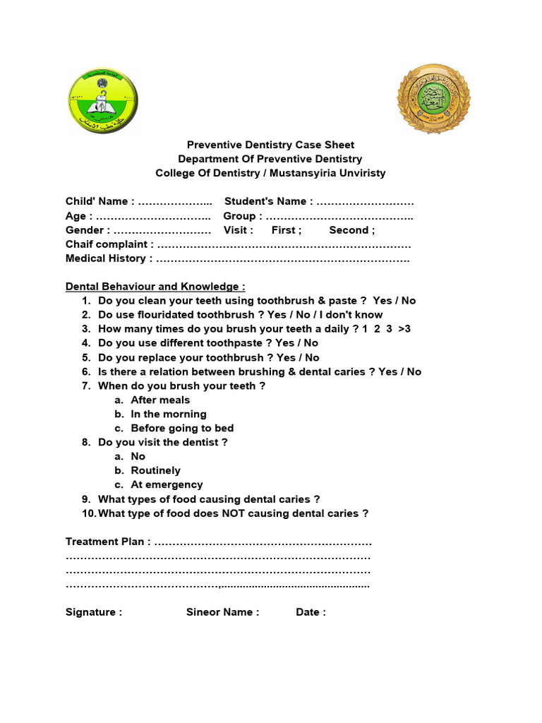 Preventive Dentistry Case Sheet | PDF | Toothbrush | Dentistry