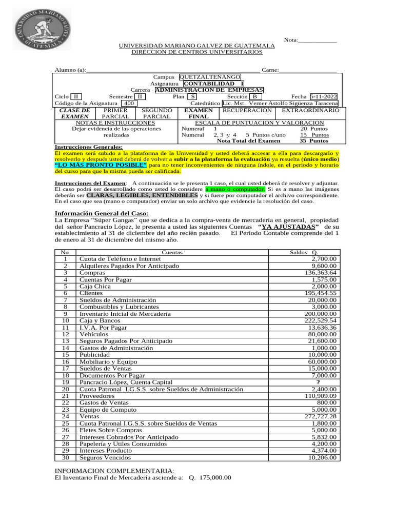 Examen Final Conta I (B-Sabado) 22 (1) 2 | PDF