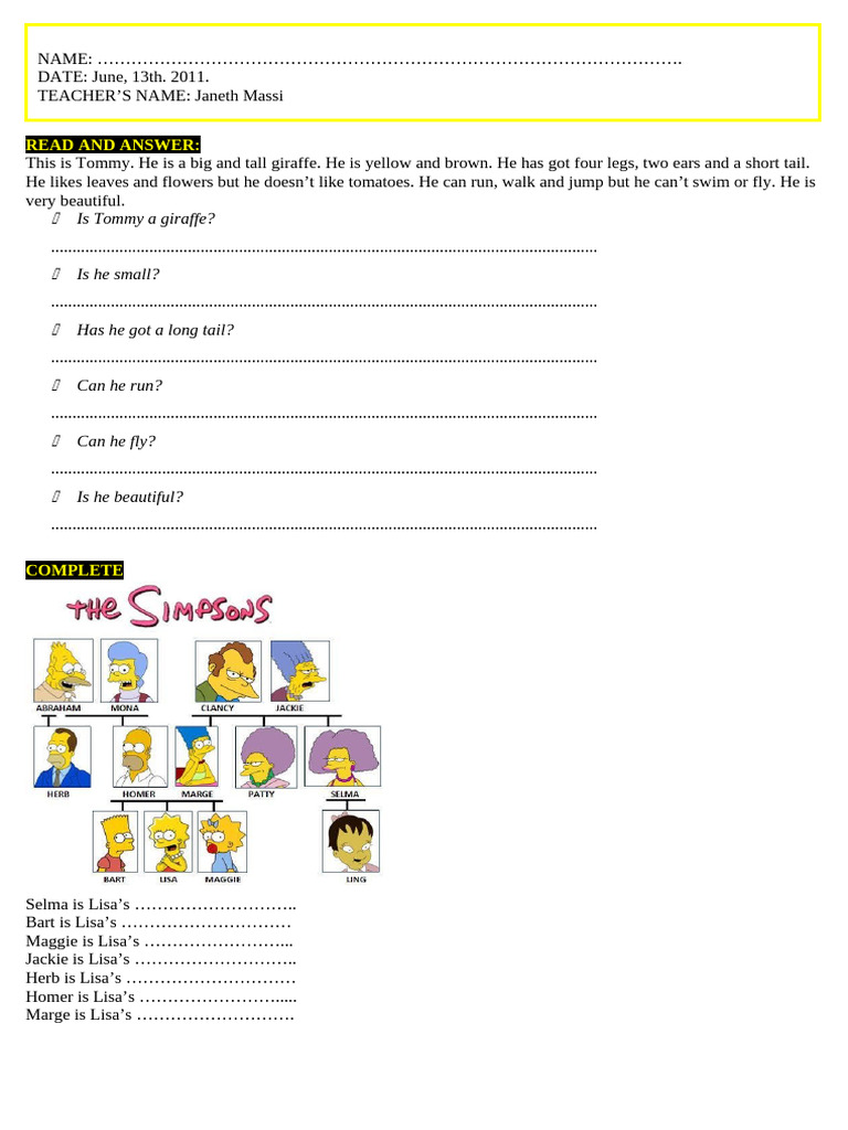 Giraffe and Family Worksheet Activities | PDF | Lisa Simpson | Bart Simpson