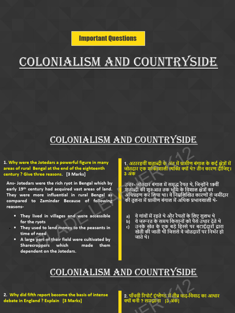 Colonialism and Countryside Important Questions (Drive) | PDF
