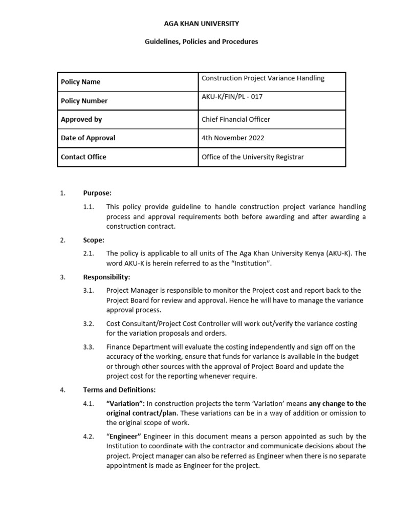 Policy Finance Construction Project Variance Handling Ke 017 | PDF