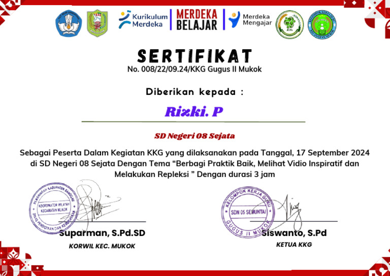 Sertifikat KKG 17 September 2024 Di SDN 08 Sejata-46 | PDF