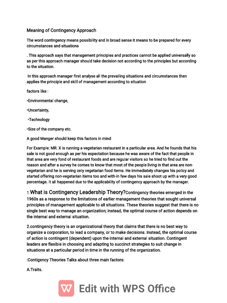 Contingency Theories 1960's | PDF | Leadership | Psychology