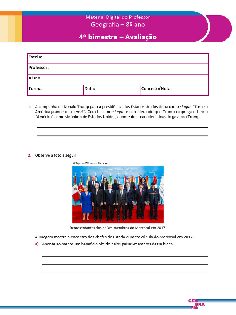 28 Gts Geo 8ano 4bim Avaliac3a7c3a3o Trtat | PDF | América Latina | Os ...
