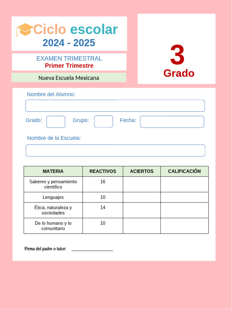 Examen Primer Trimestre 3er Grado 2024-2025 | PDF | Sistema ...