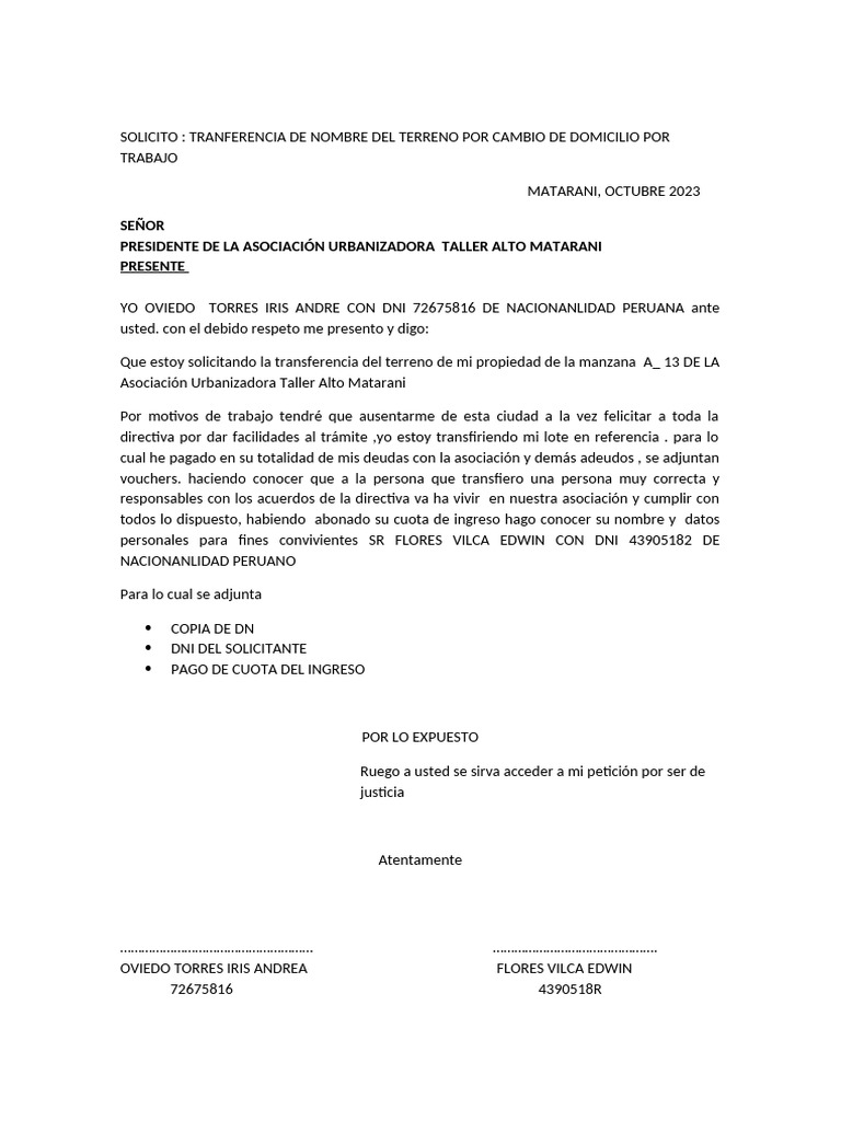 Solicito De Tranferencia Pdf