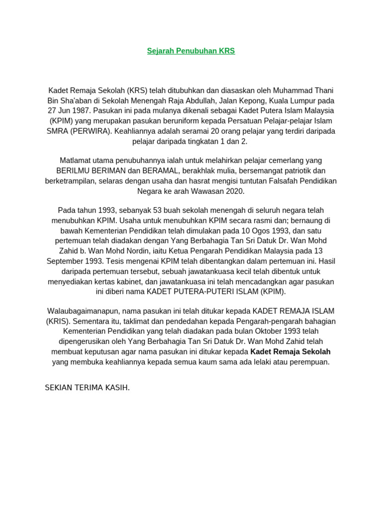 Sejarah Penubuhan KRS | PDF