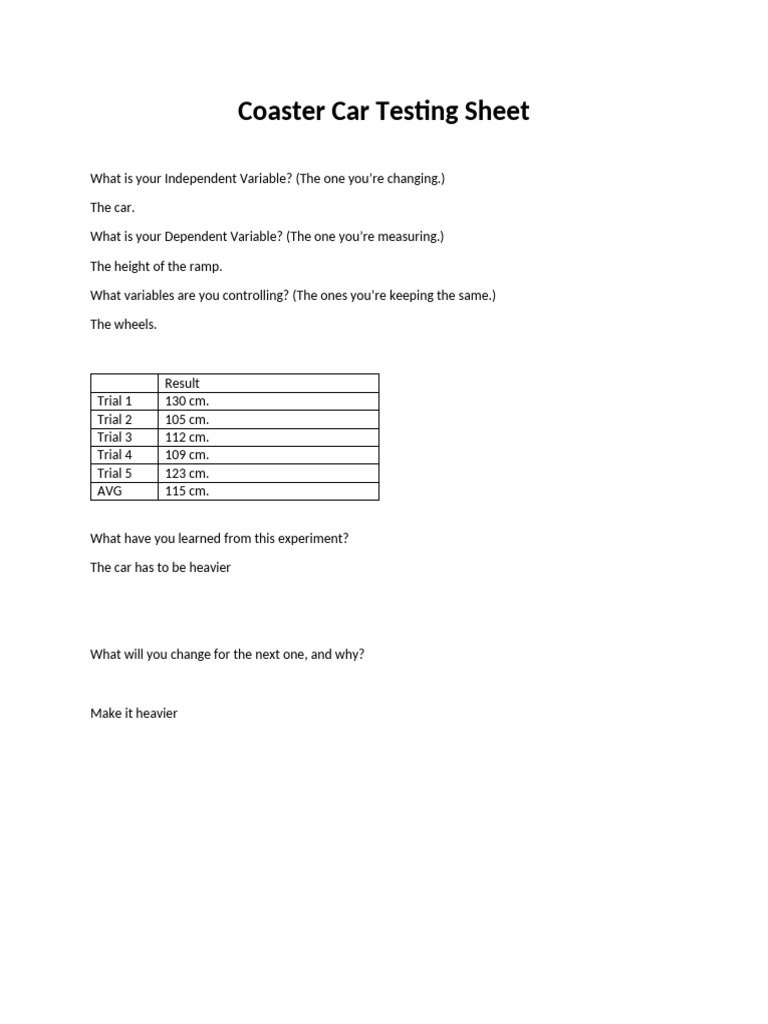 Coaster Car Iteration Testing Sheet | PDF | Experiment | Estimation Theory