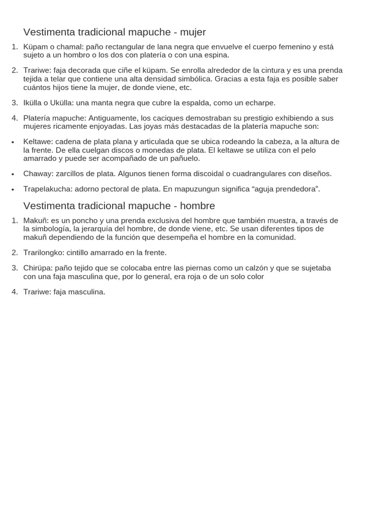 Vestimenta tradicional mapuche: hombres y mujeres | PDF | Ropa | Alimentos