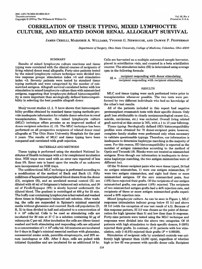 Correlation of Tissue Typing, Mixed Lymphocyte.3 | PDF