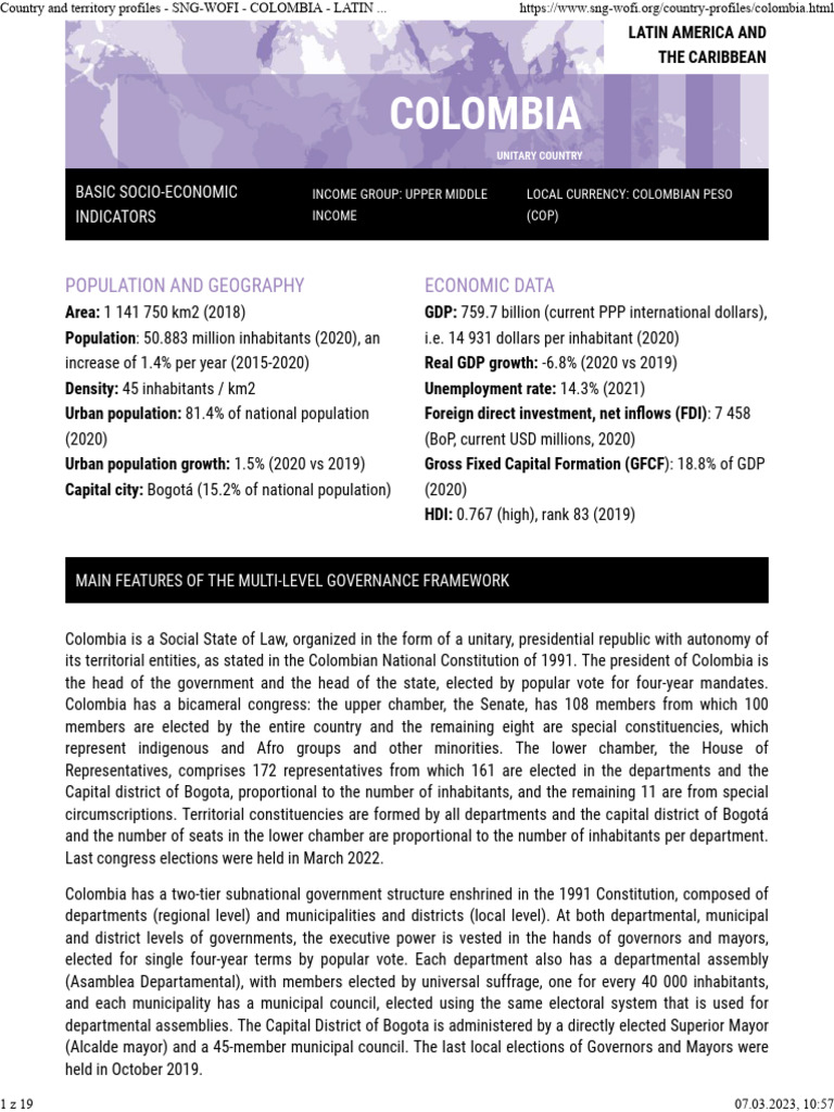 Country and Territory Profiles SNG WOFI COLOMBIA LATIN AMERICA AND THE ...