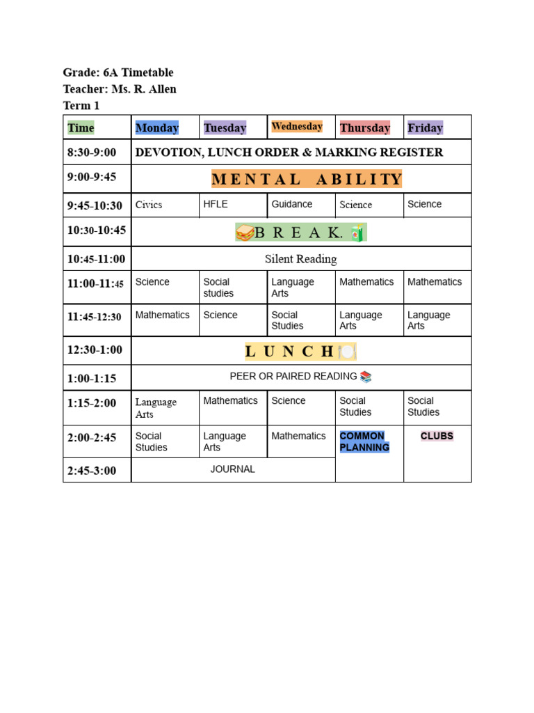Grade 6 Timetable 2024-2025 | PDF | Social Science