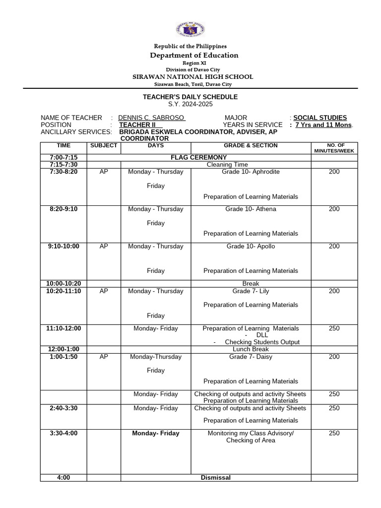 Teacher Daily Schedule | PDF