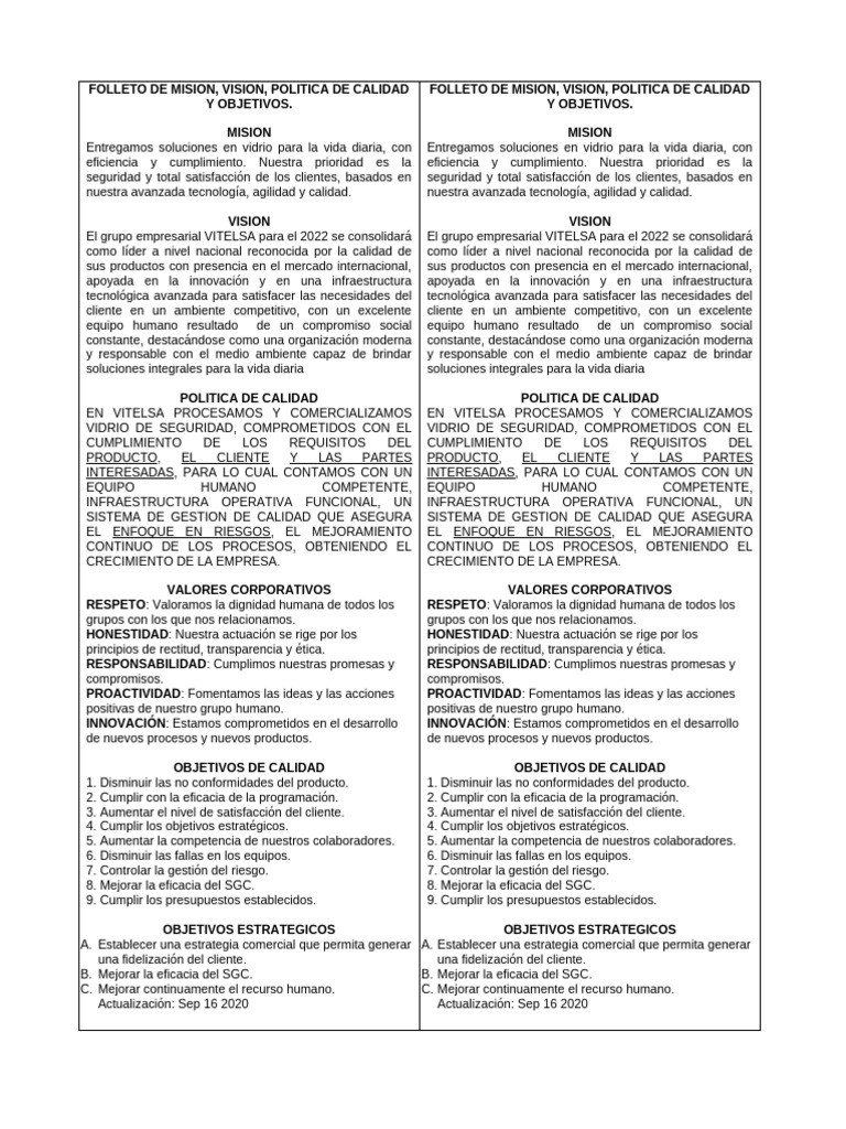 Folleto de Mision Vision y Politica Ver 5 | PDF | Calidad (comercial ...