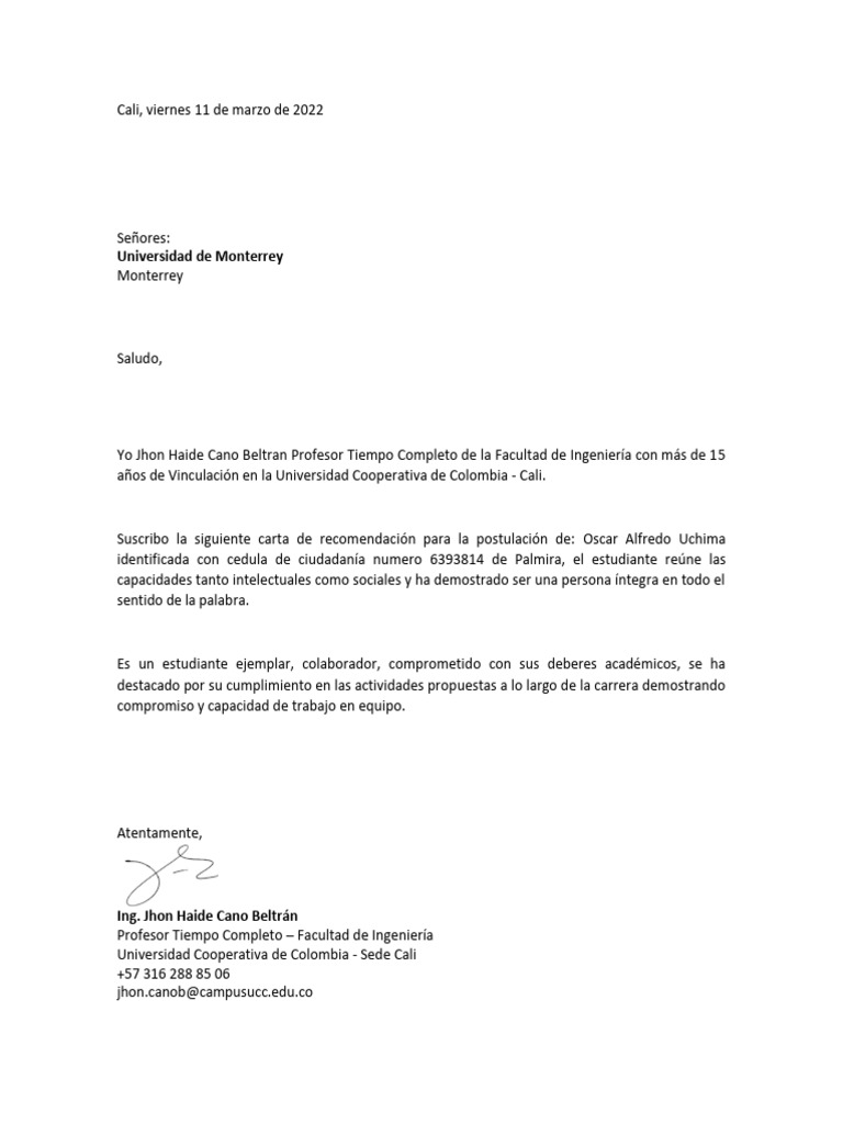 Carta de Recomendación Oscar Uchima | PDF | Crecimiento personal y ...