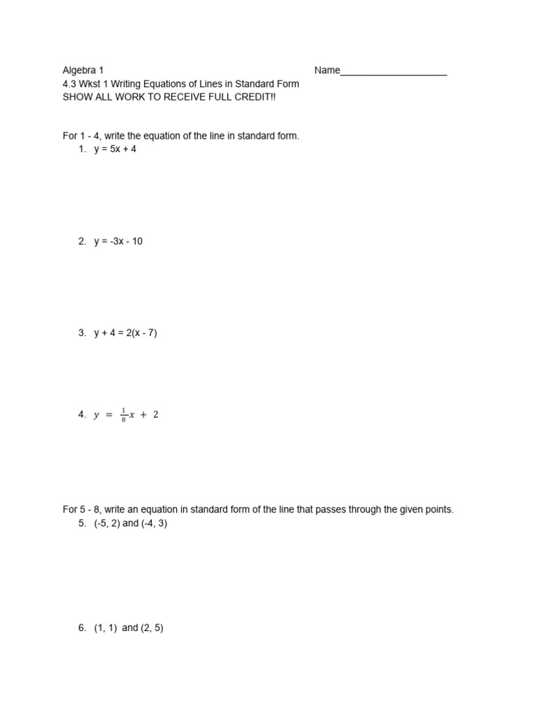 4.3 WKST 1 Writing Equations of Lines in Standard Form | PDF | Teaching ...