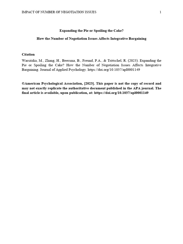 Expanding The Pie or Spoiling The Cake JAP | PDF | Negotiation | Hypothesis