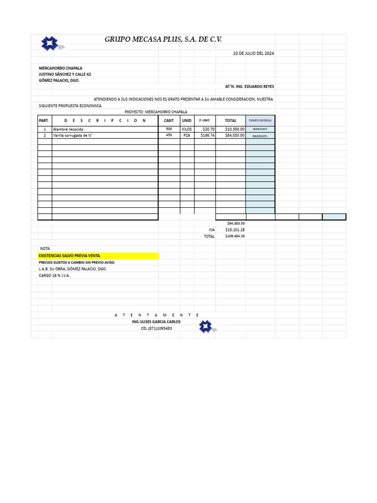 Cotizacion Acero 100724 | PDF
