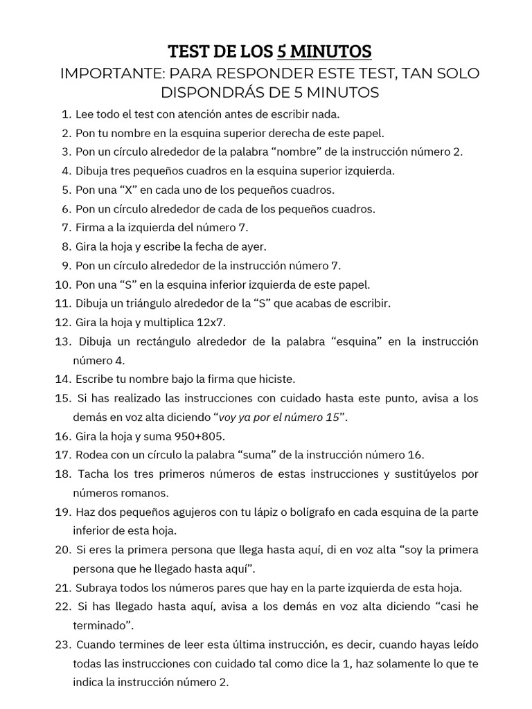 Instrucciones del Test de 5 Minutos | PDF