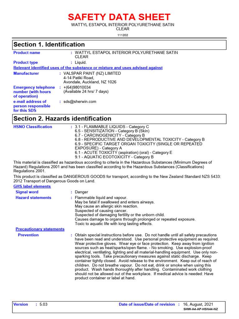 Wattyl Estapol Interior Polyurethane Satin Clear | PDF | Dangerous ...