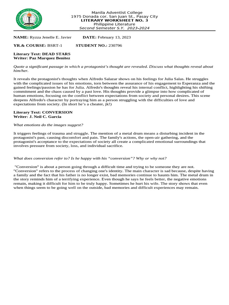 Literary Worksheet No.3 | PDF | Psychology