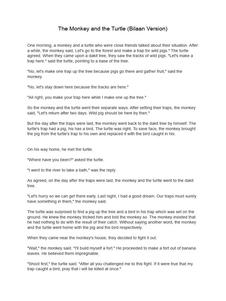 The Monkey and The Turtle (Bilaan Version) | PDF