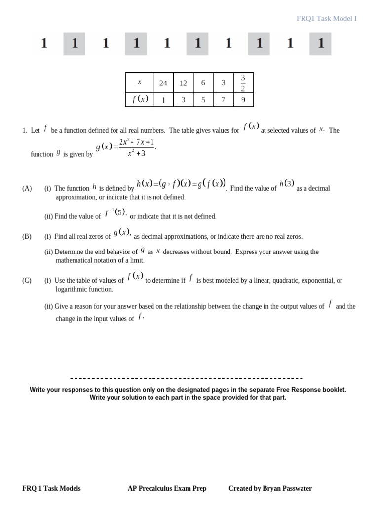 AP Precalculus FRQ1 Task Models | PDF | Function (Mathematics) | Limit ...