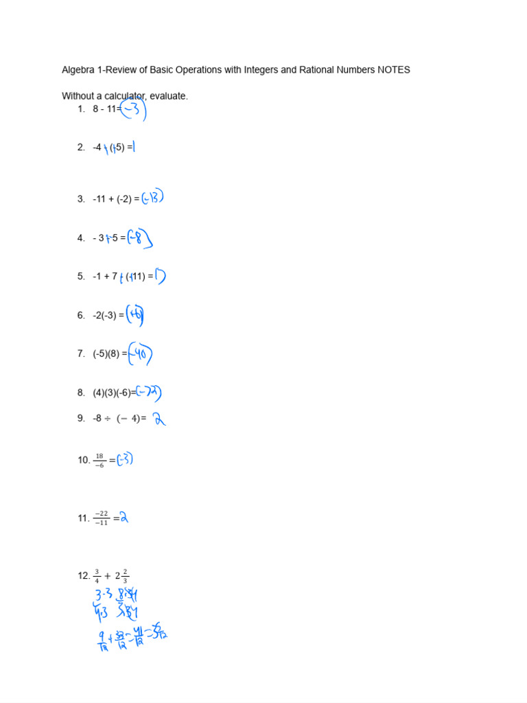 Pre Assessment of Basic Operations With Integers and Rational Numbers | PDF
