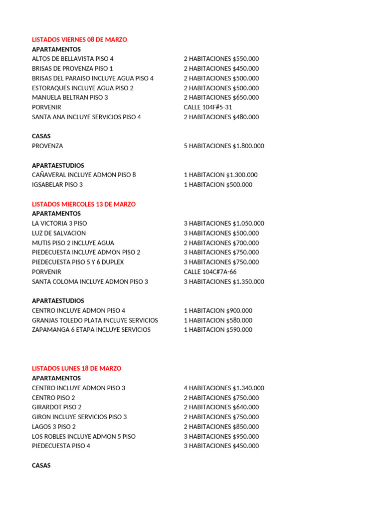 Listado de Arriendos Marzoo | PDF