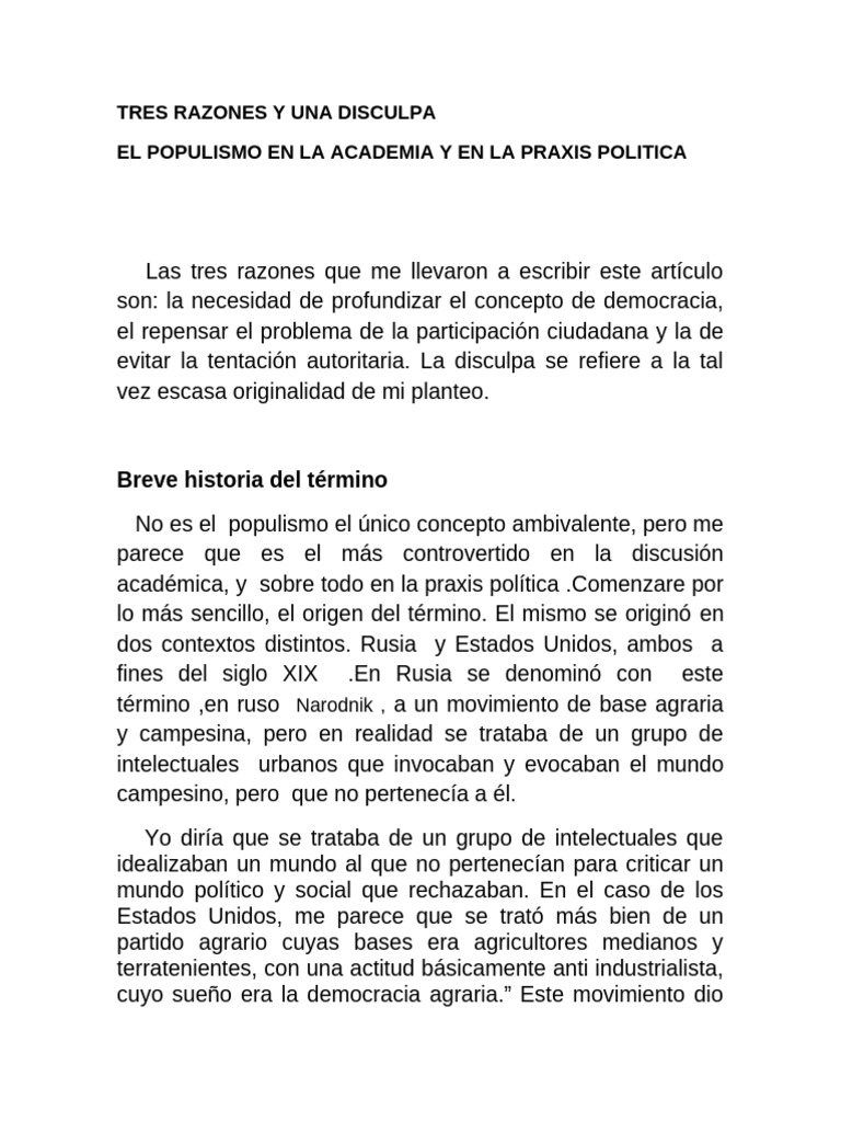 Tres Razones y Una Disculpa Version Final Corregida | PDF | Populismo | Democracia