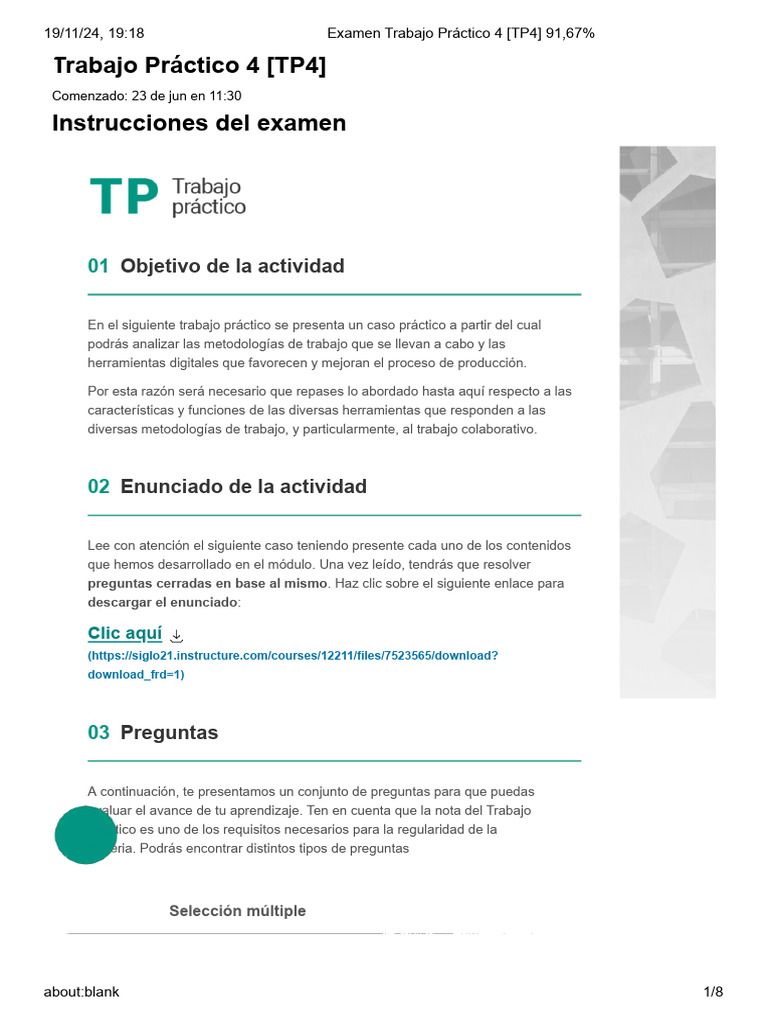 Examen Trabajo Práctico 4 (TP4) 91,67% | PDF