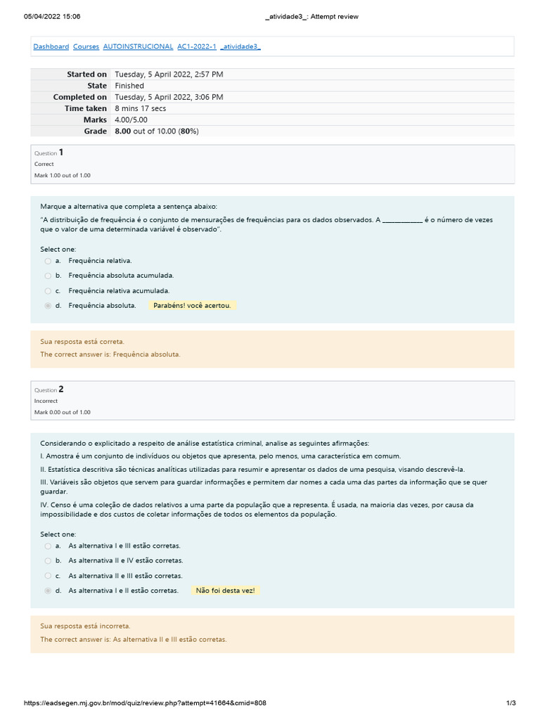 Atividade3 - Attempt Review 2 | PDF | Estatísticas | Amostragem (Estatística)