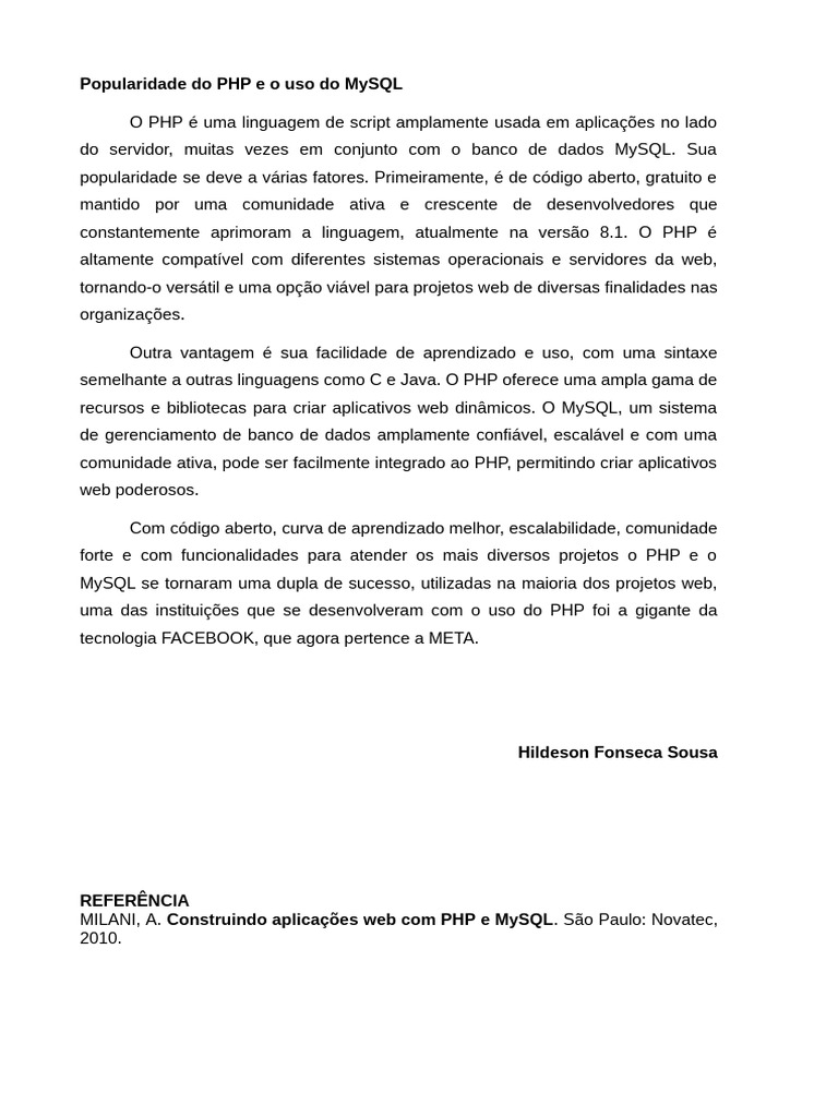 Atividade III - Des. Web Servidor - Popularidade Do PHP e o Uso Do MySQL | PDF
