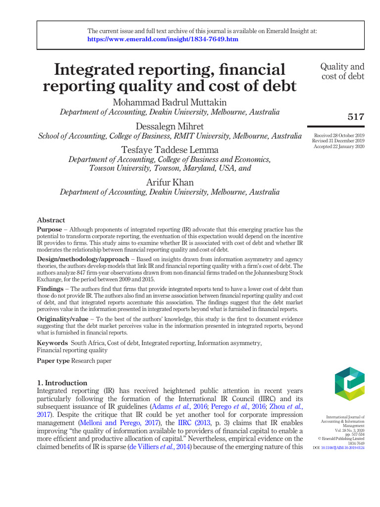Impact of Integrated Reporting on Debt Costs | PDF | Book Value ...