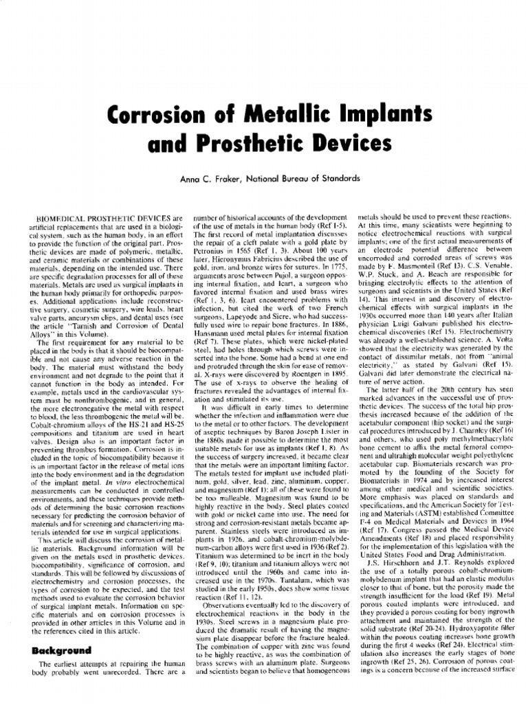 ASM Corrosion of Metallic Implants & Prosthetic Devices | PDF
