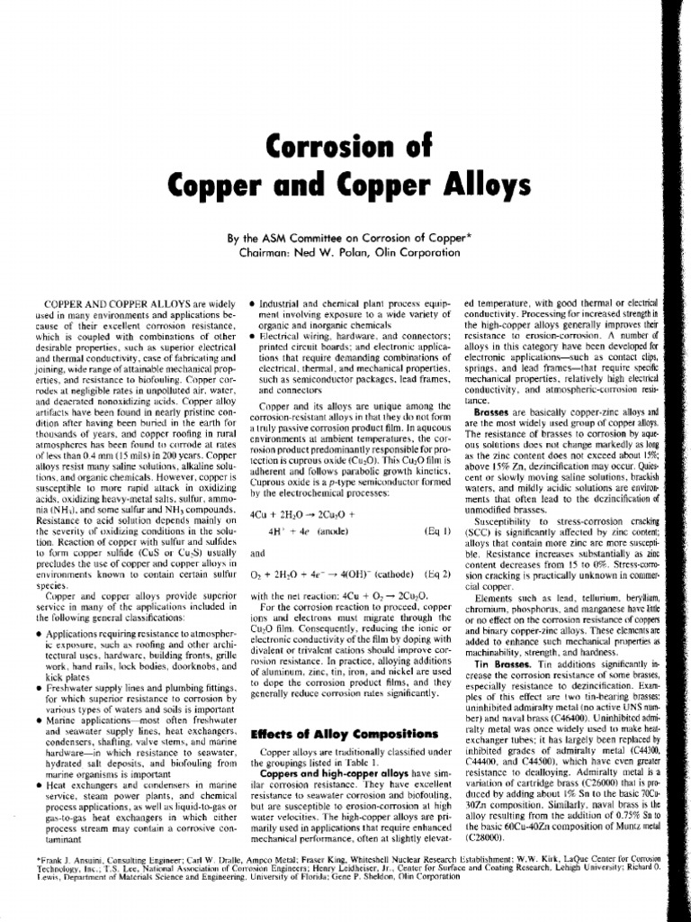 ASM Corrosion of Copper & Copper Alloys | PDF